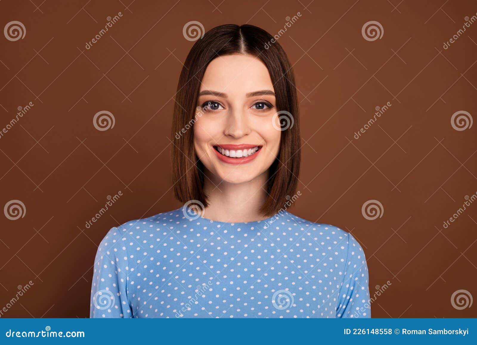 Photo Of Optimistic Bob Hairdo Young Lady Wear Blue Shirt Isolated On