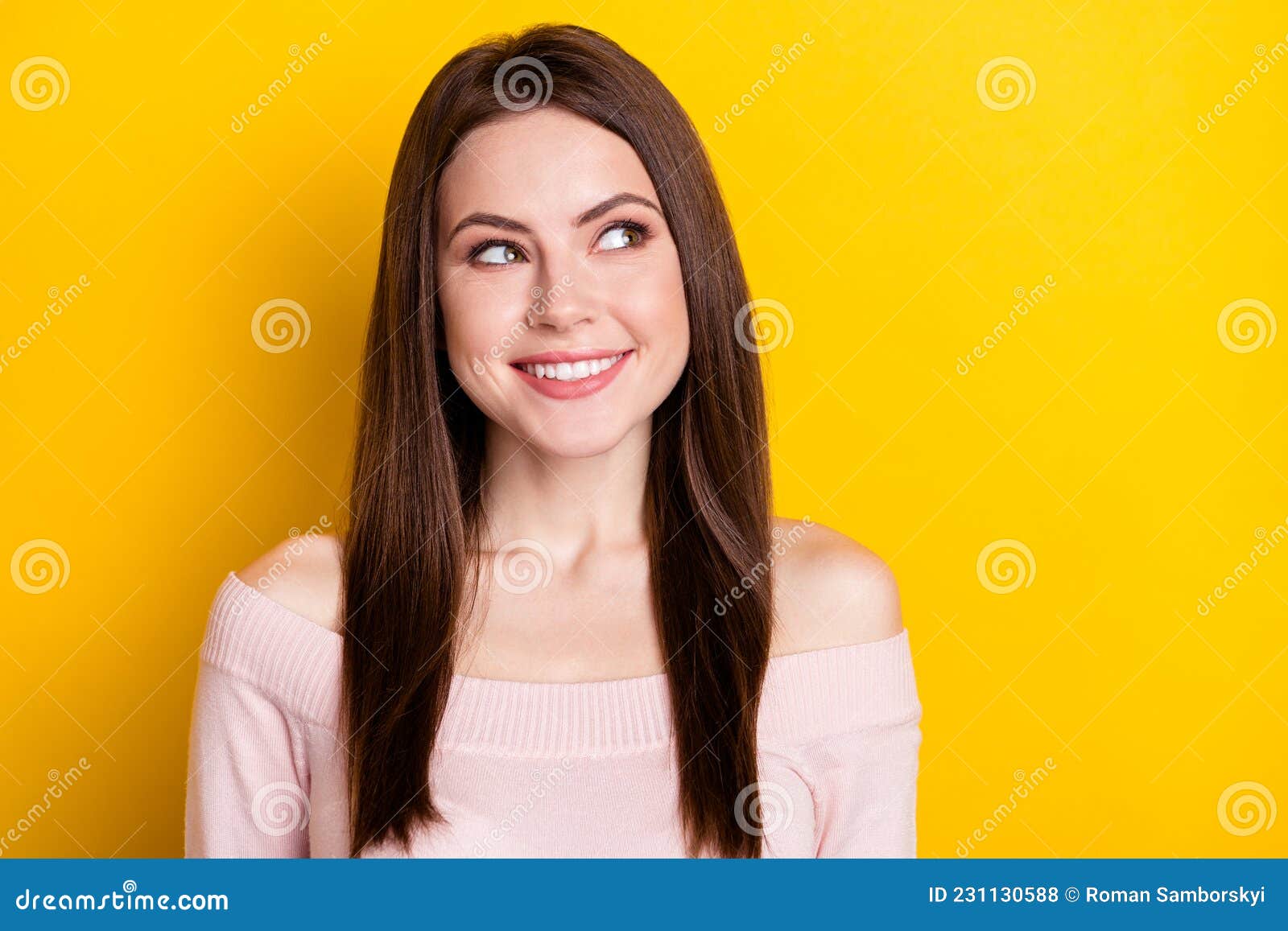 Photo Of Optimistic Brunette Lady Look Empty Space Wear Pink Shirt