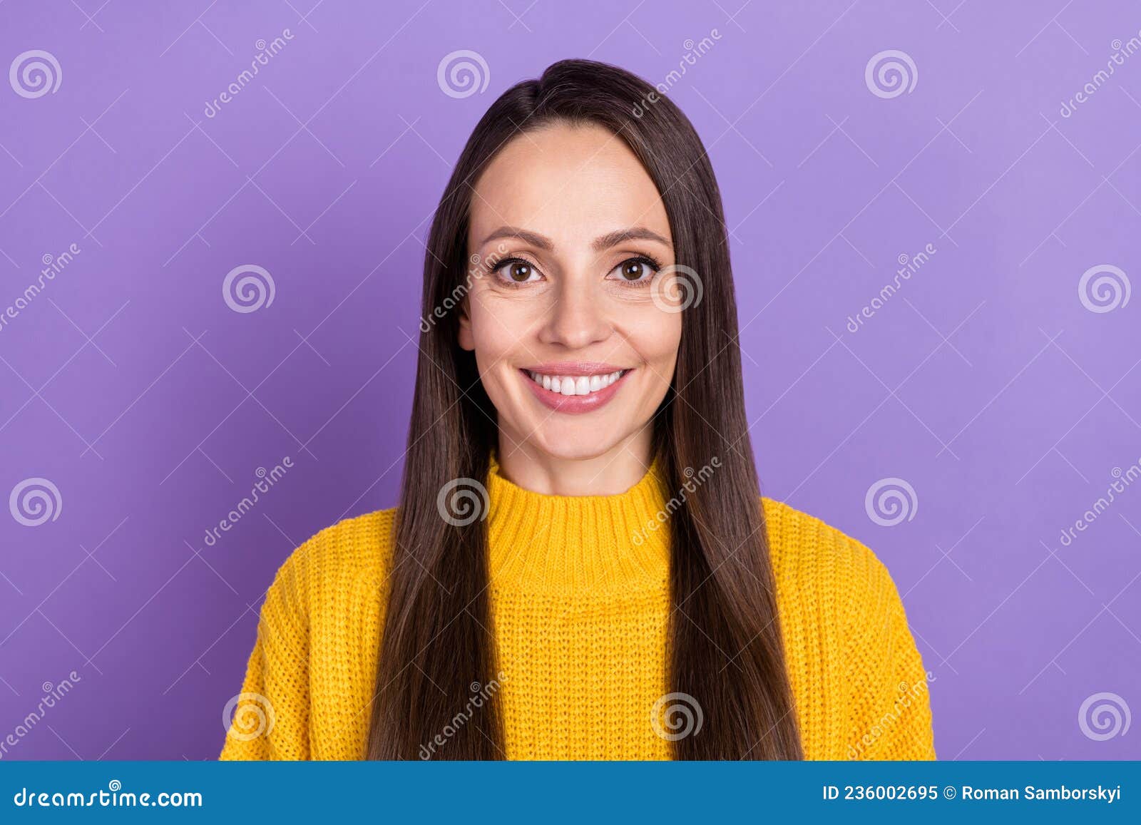 Photo Of Optimistic Brunette Mature Lady Wear Yellow Sweater Isolated