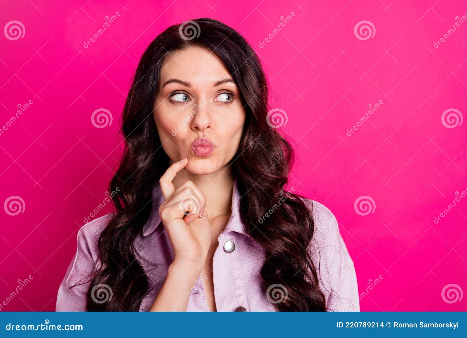 Photo Of Optimistic Brunette Nice Lady Finger Face Look Empty Space