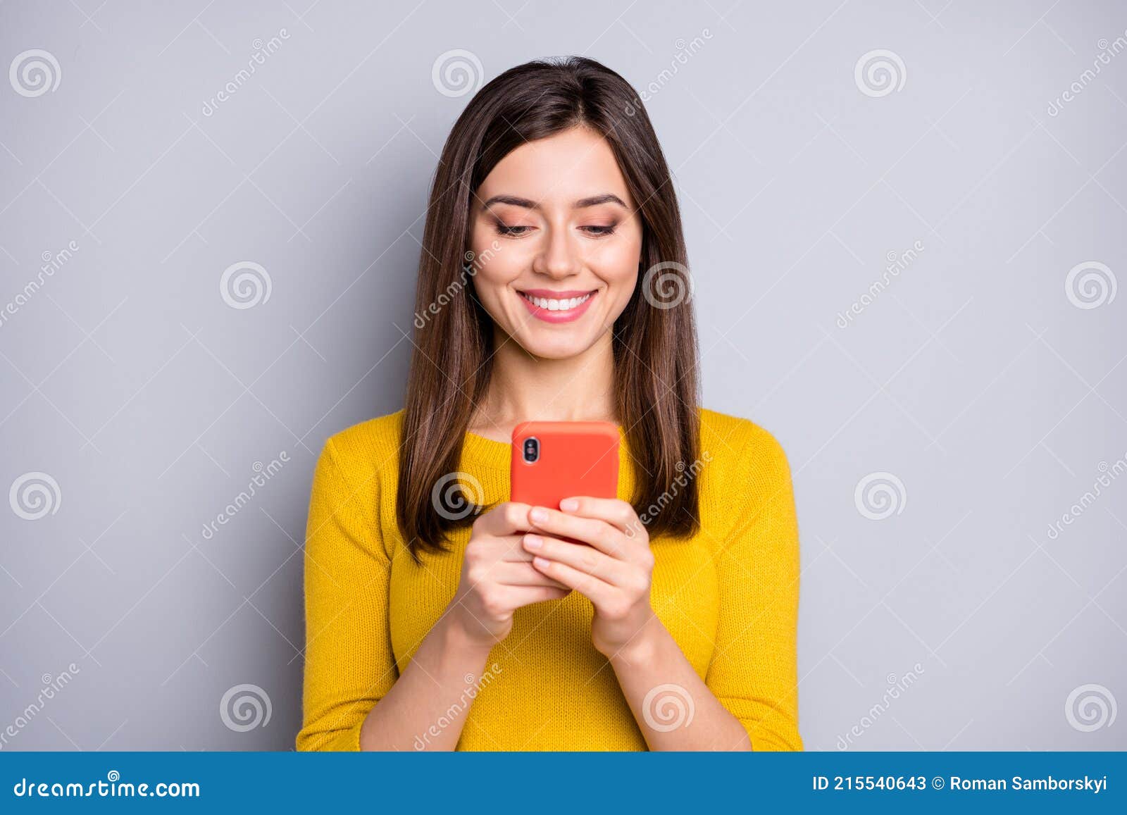 Photo Of Optimistic Brunette Nice Lady Look Telephone Wear Yellow