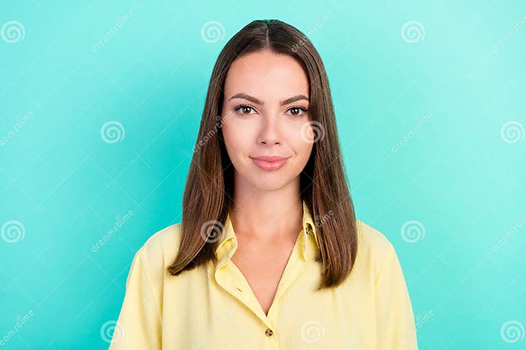 Photo Of Optimistic Millennial Brunette Lady Wear Yellow Blouse On Teal