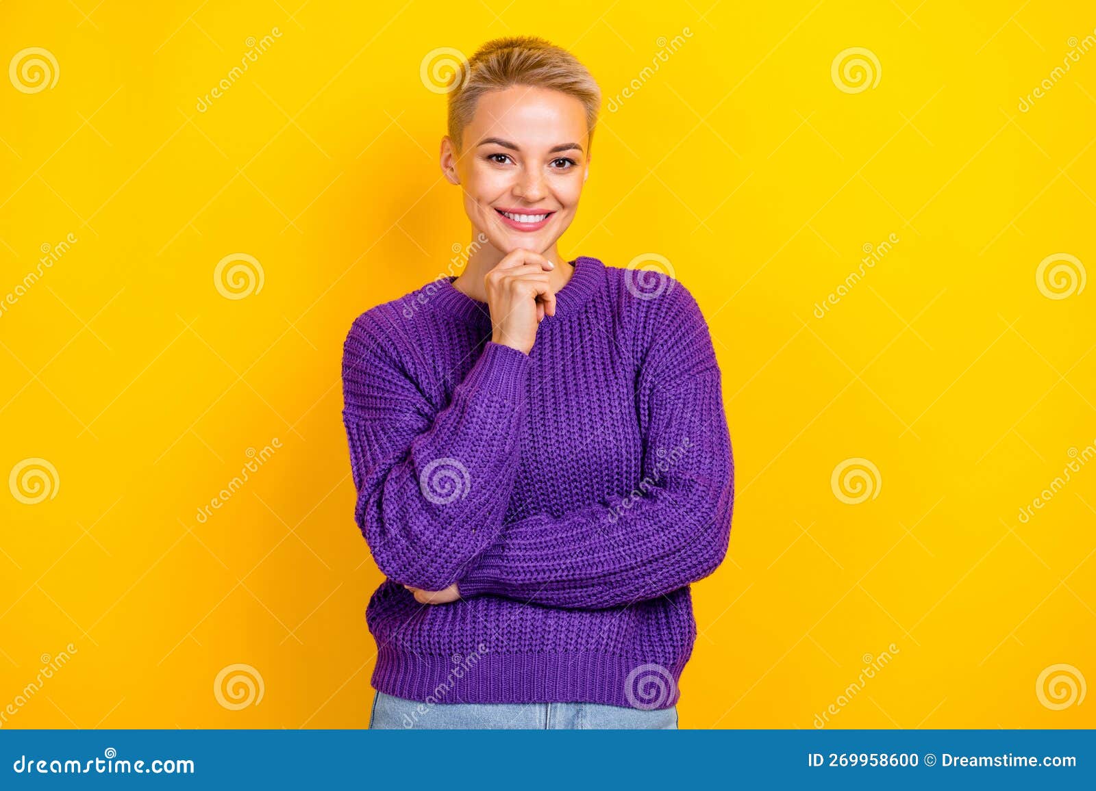 Photo Of Optimistic Nice Cute Girl With Short Hairdo Wear Knit Sweater