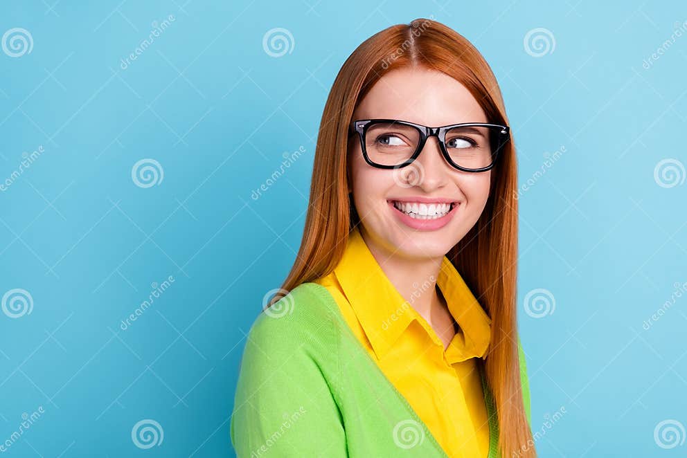 Photo Of Optimistic Red Hairdo Young Hr Lady Look Empty Space Wear