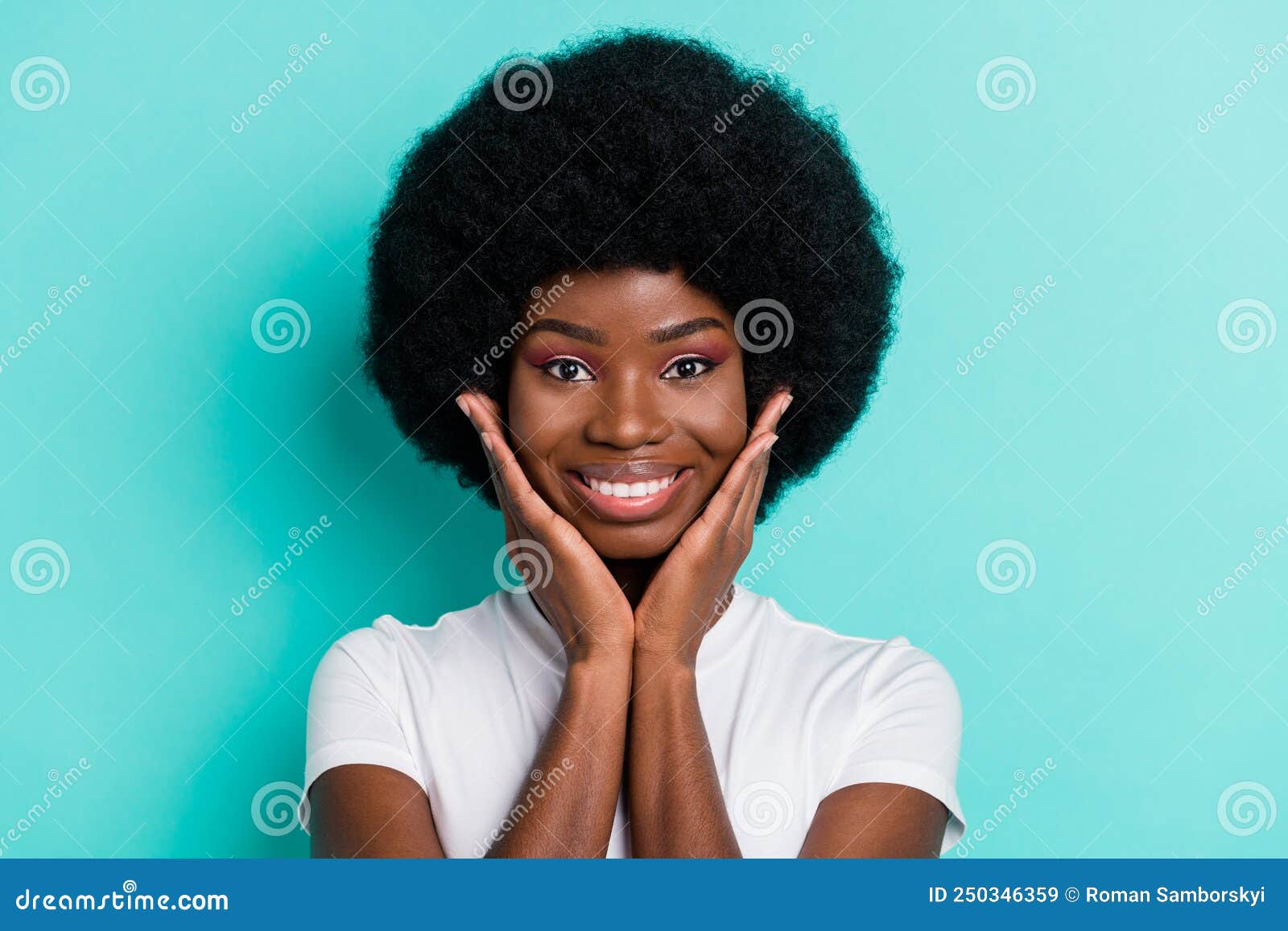 Photo Of Optimistic Short Hairdo Brunette Young Lady Hands Face Wear