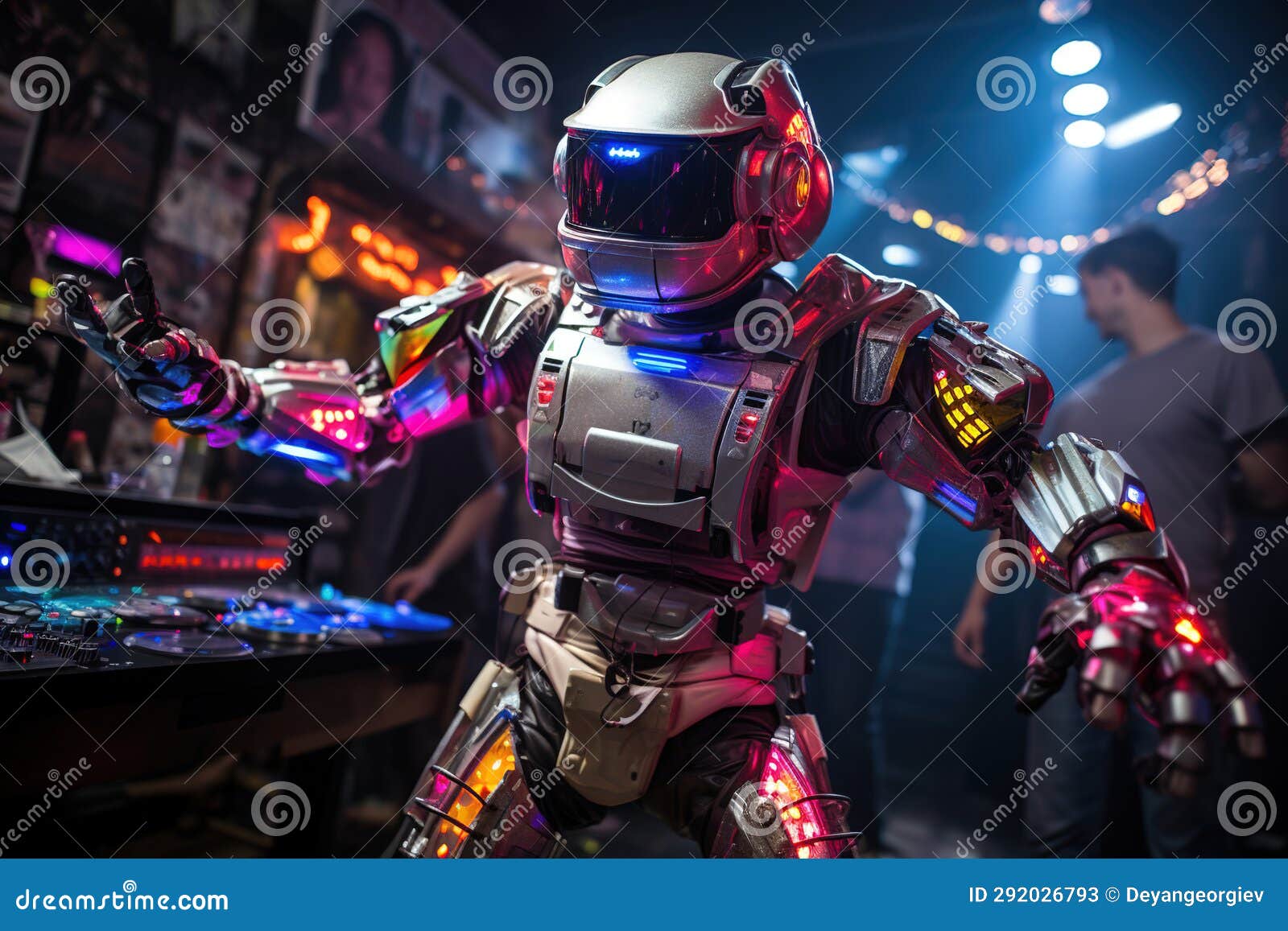Photo of a Person Dressed As a Robot Standing in Front of a DJ Set ...