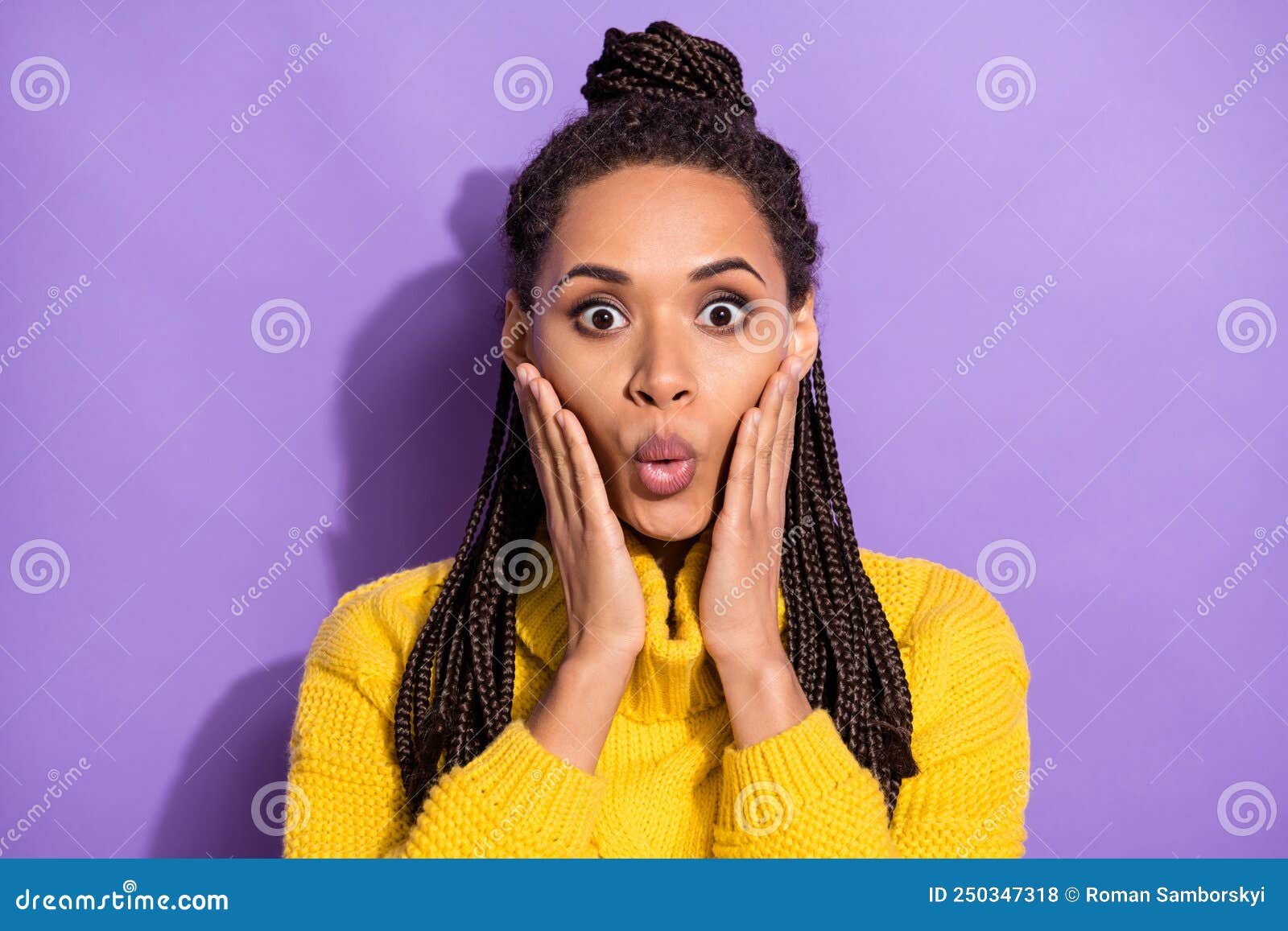 Photo Portrait of Amazed Woman Pouting Touching Face Cheeks with Two ...