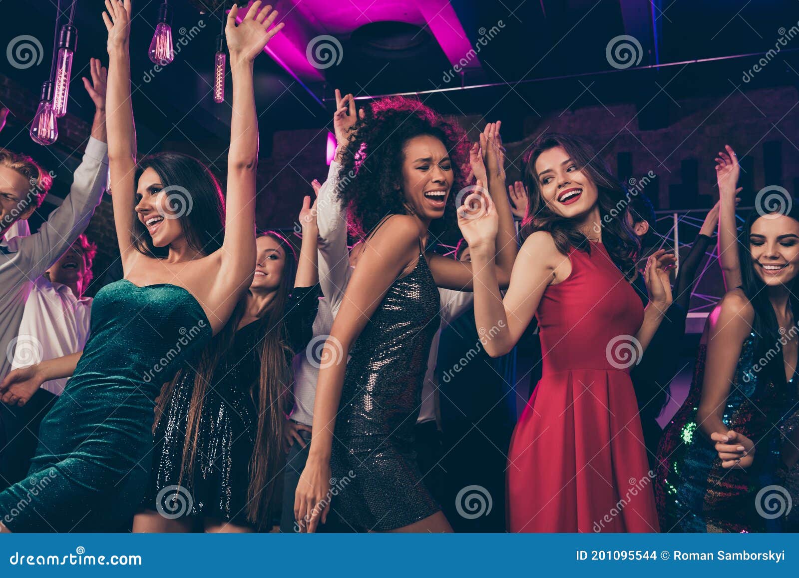 Photo Portrait Of Carefree People Together Dancing At Prom Party Having