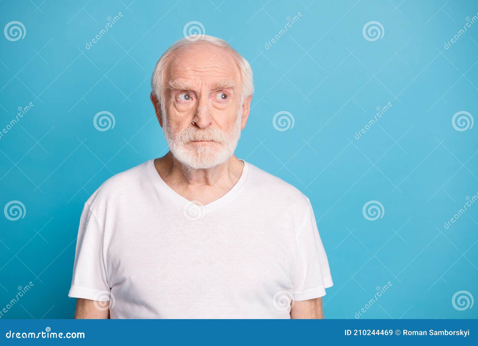 Photo Portrait Of Grumpy Old Man Looking At Blank Space Isolated On ...