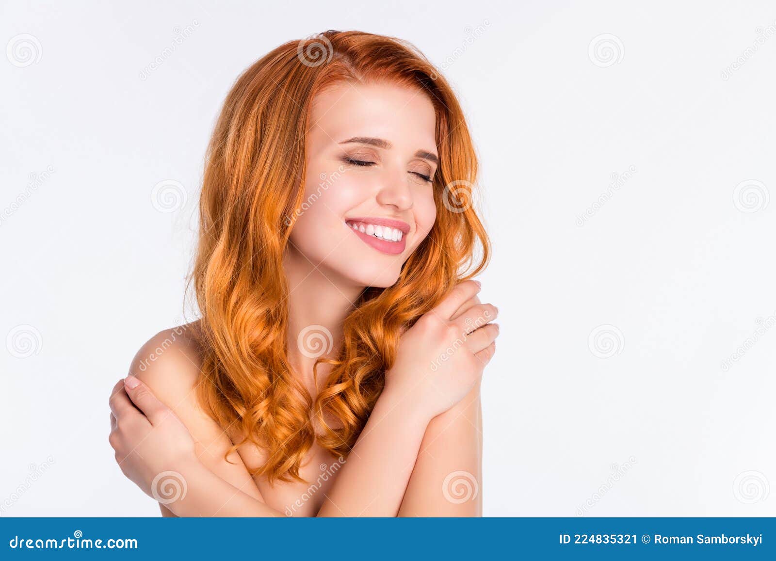 Photo Portrait Red Haired Girl Smiling Dreamy Touching Herself Isolated