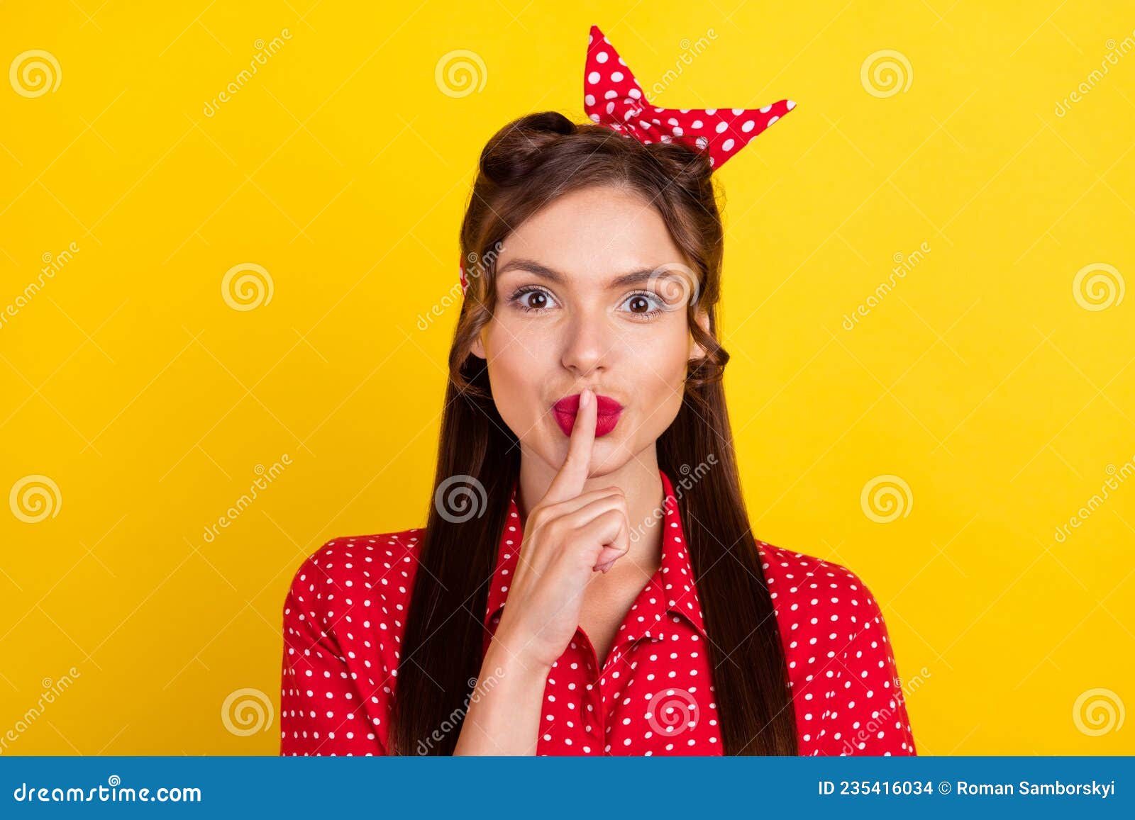 Photo Portrait Woman Keeping Secret Finger Near Lips Isolated Bright