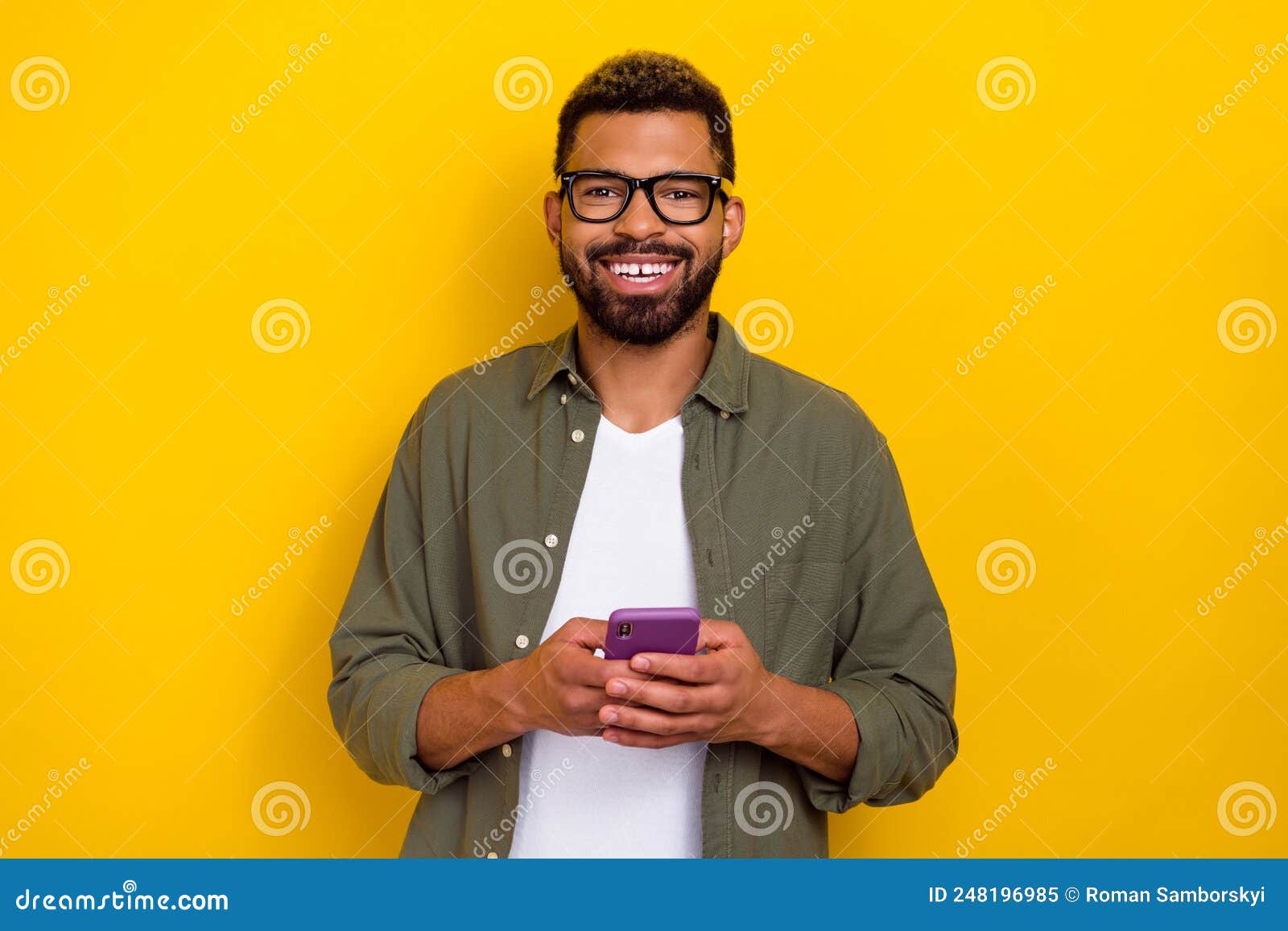 Photo Of Positive Attractive Guy Dressed Green Shirt Eyewear