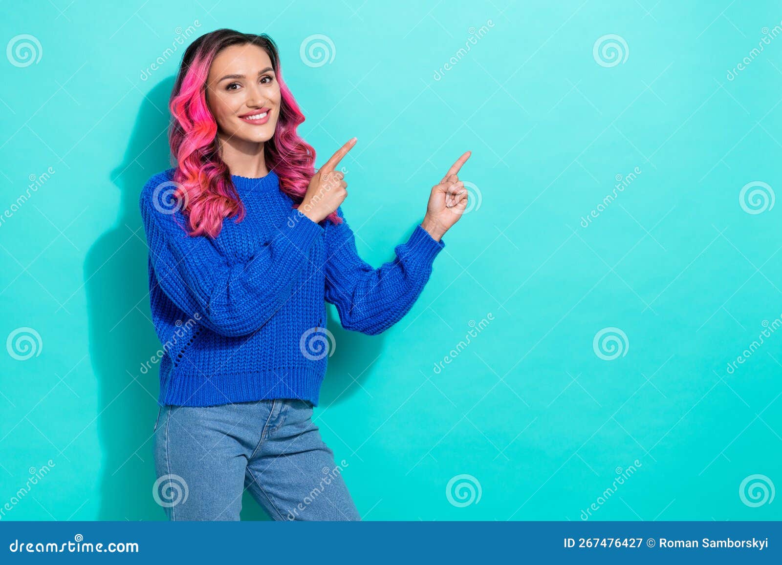 Photo Of Positive Cheerful Girl With Curly Hairdo Dressed Blue Sweater