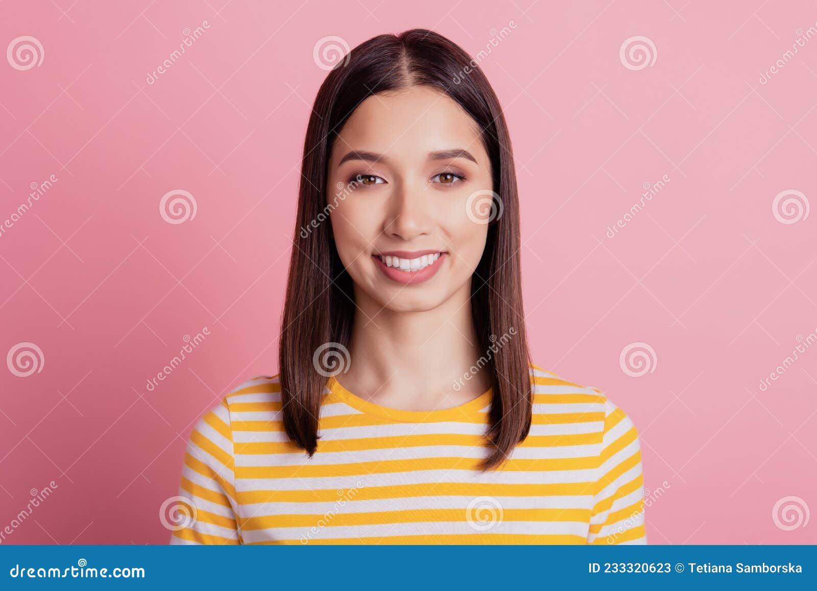 Photo Of Positive Cheerful Lady Look Camera Toothy Beaming Smile On
