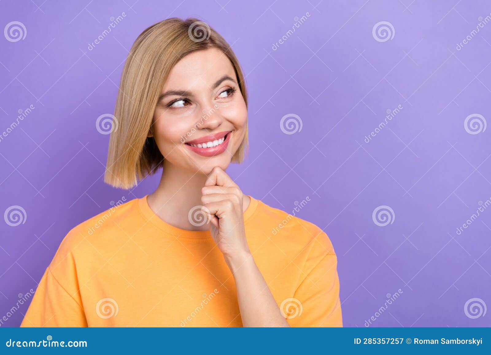 Photo Of Positive Cheerful Woman With Bob Hairstyle Wear Yellow T Shirt