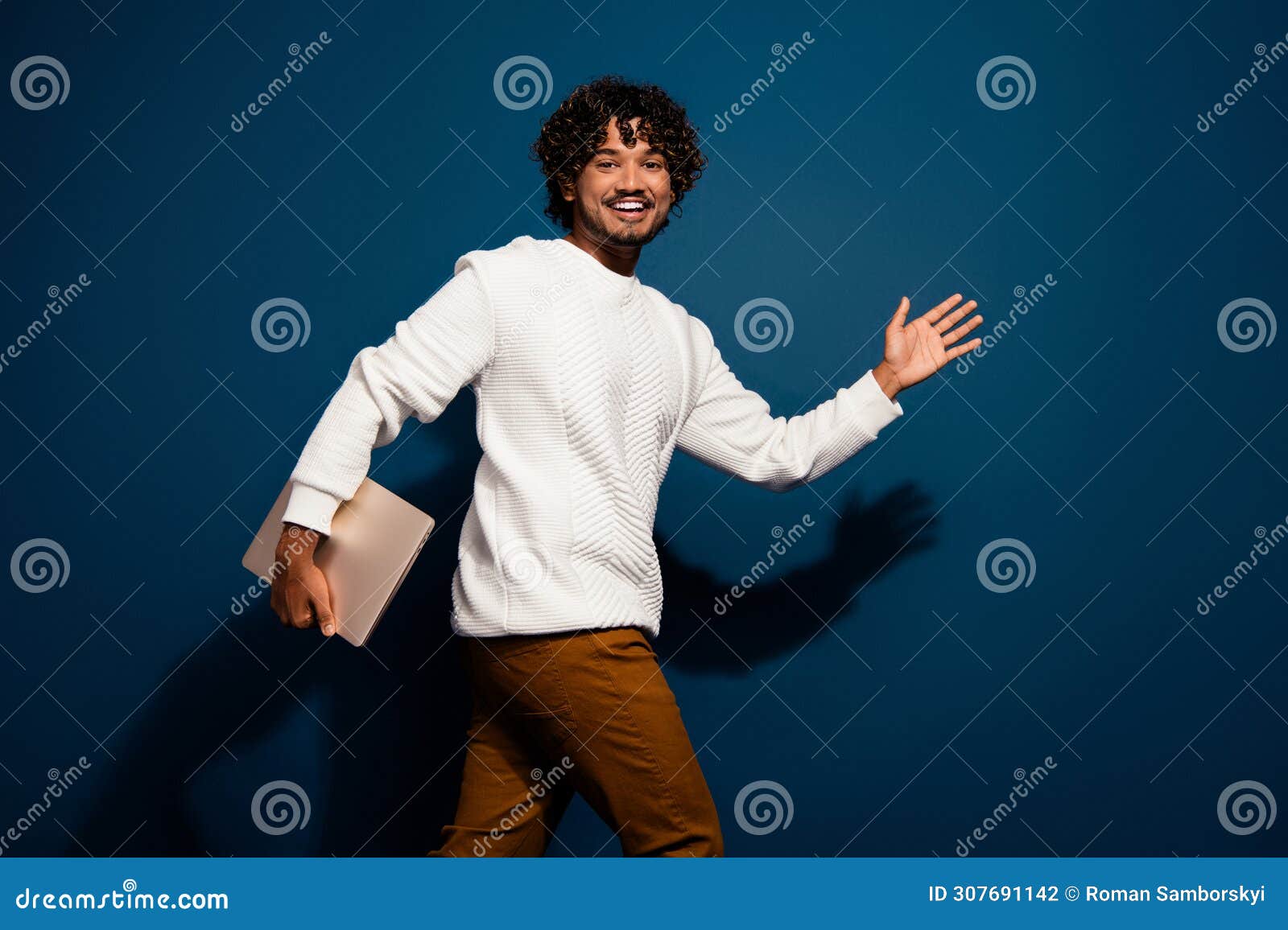Photo of Positive Good Mood Guy Dressed White Pullover Working Modern ...