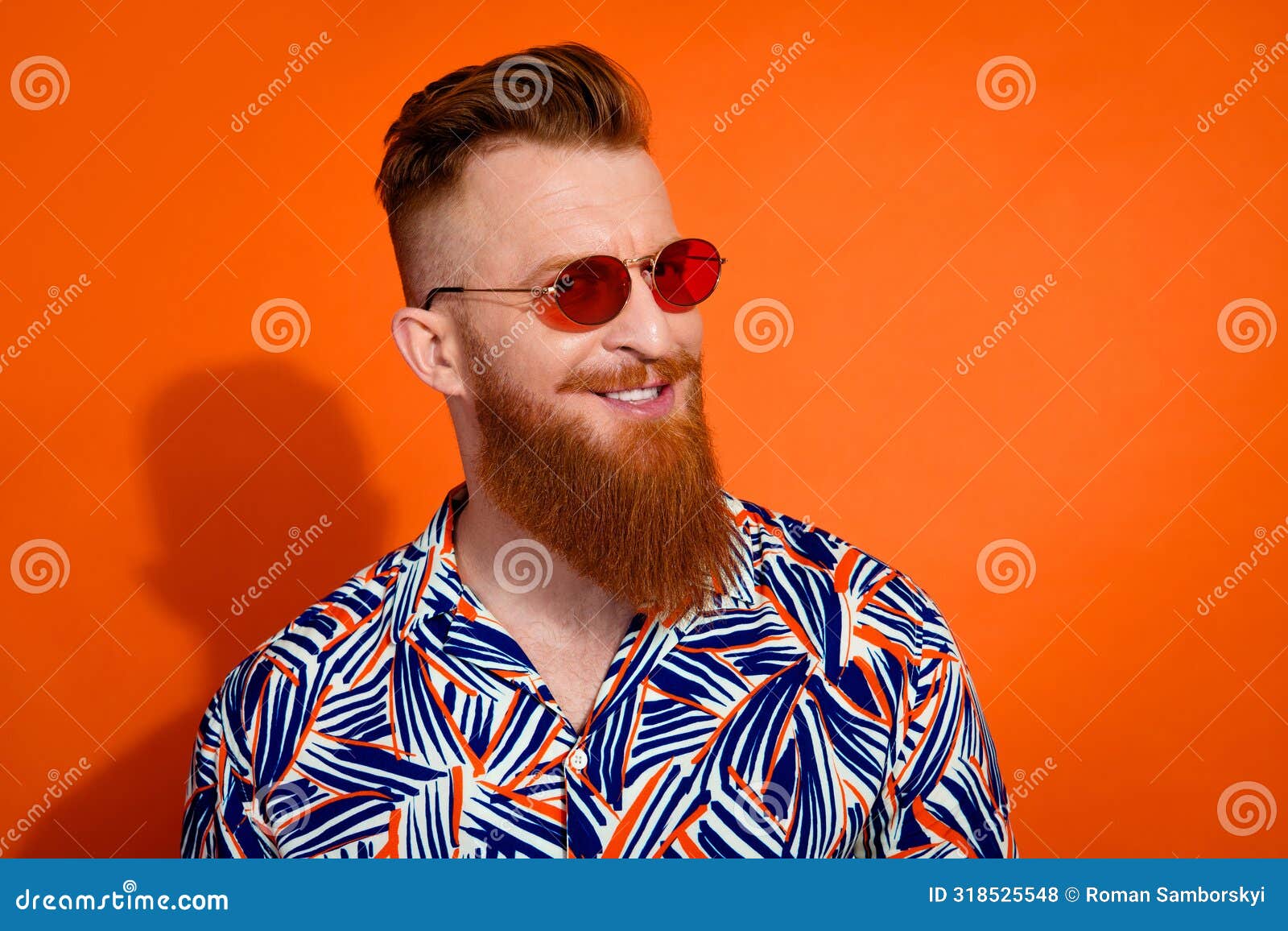 Photo Of Positive Guy With Red Beard Trendy Haircut Wear Stylish Shirt