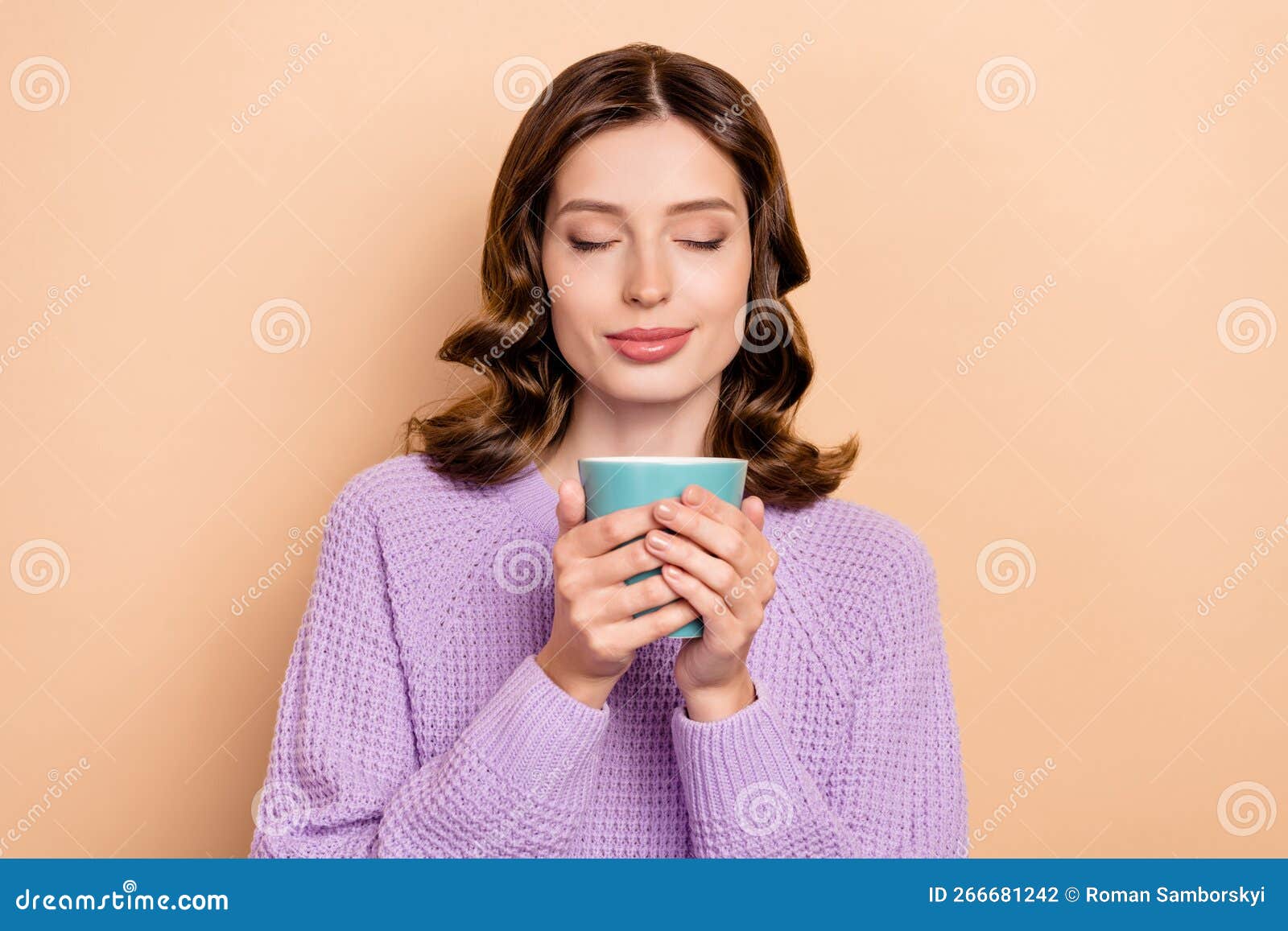 Photo Of Positive Peaceful Cute Woman With Curly Hairdo Wear Knit
