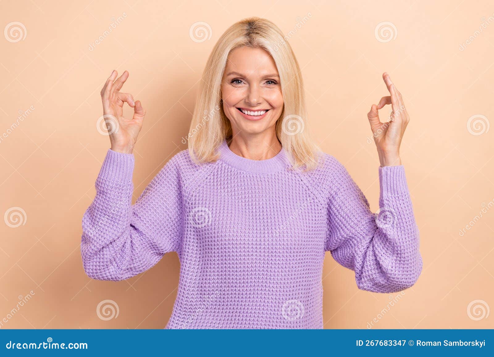 Photo Of Positive Satisfied Retired Lady Blond Hairdo Wear Knit Sweater