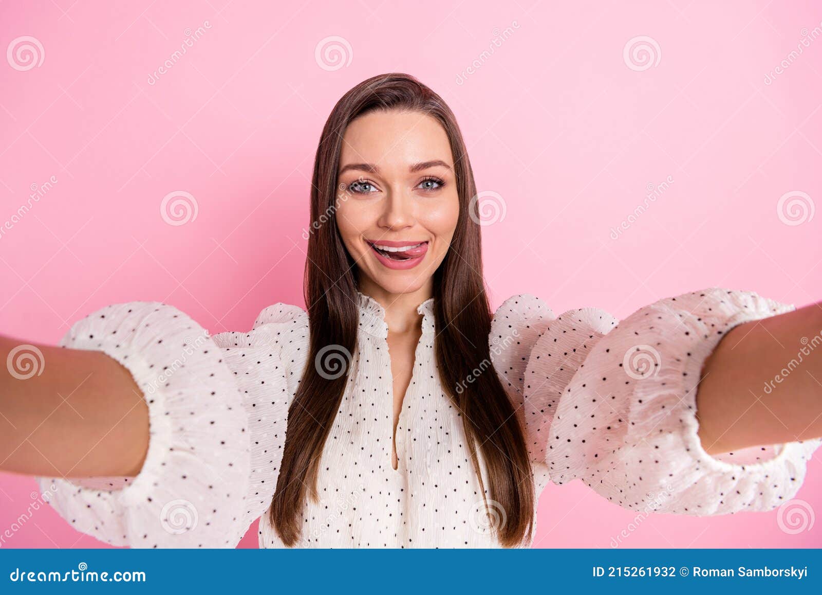 Photo Of Pretty Funky Young Woman Dressed White Clothes Tacking Selfie