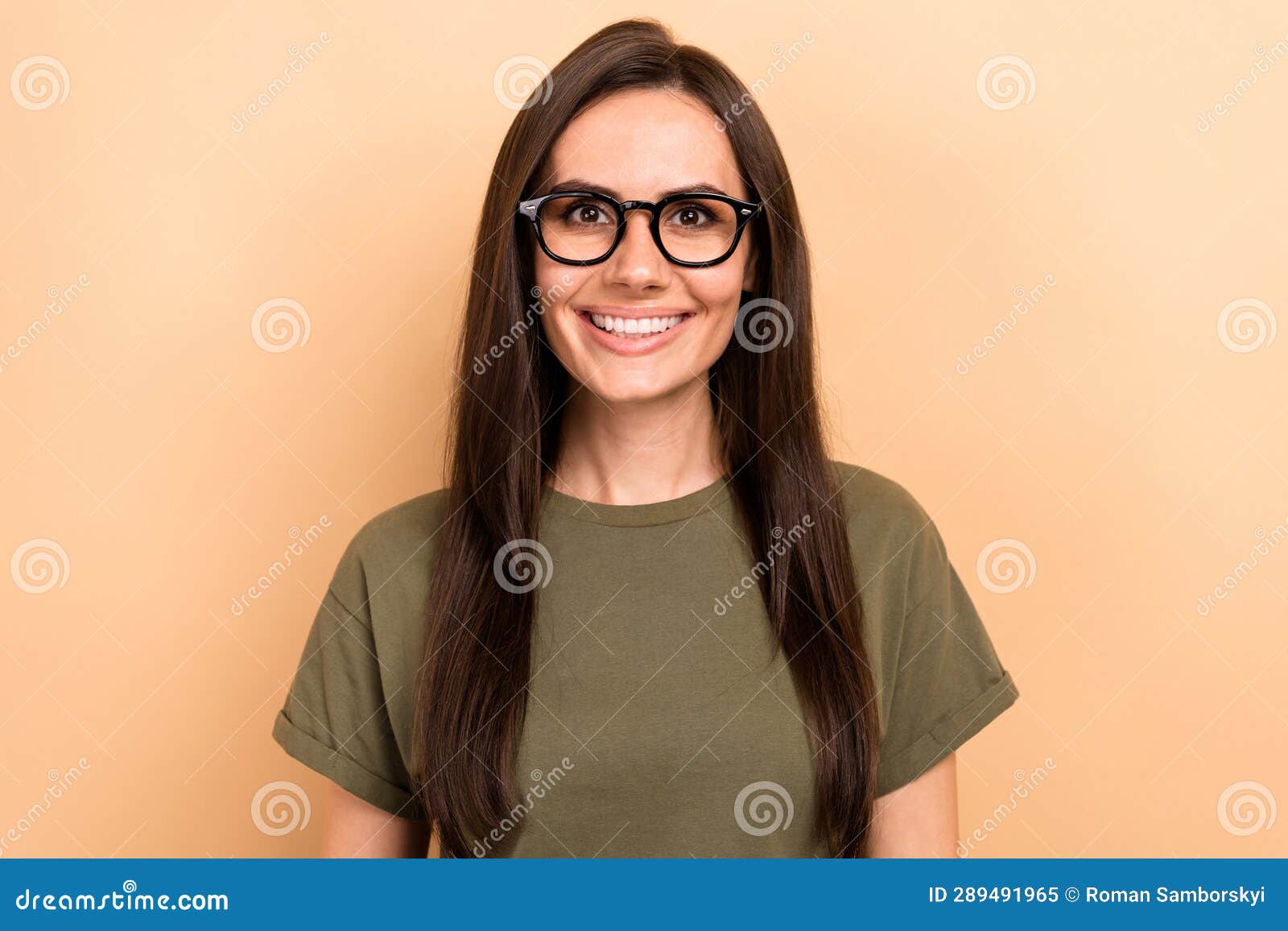Photo Of Pretty Good Mood Lady Wear Khaki T Shirt Spectacles Smiling
