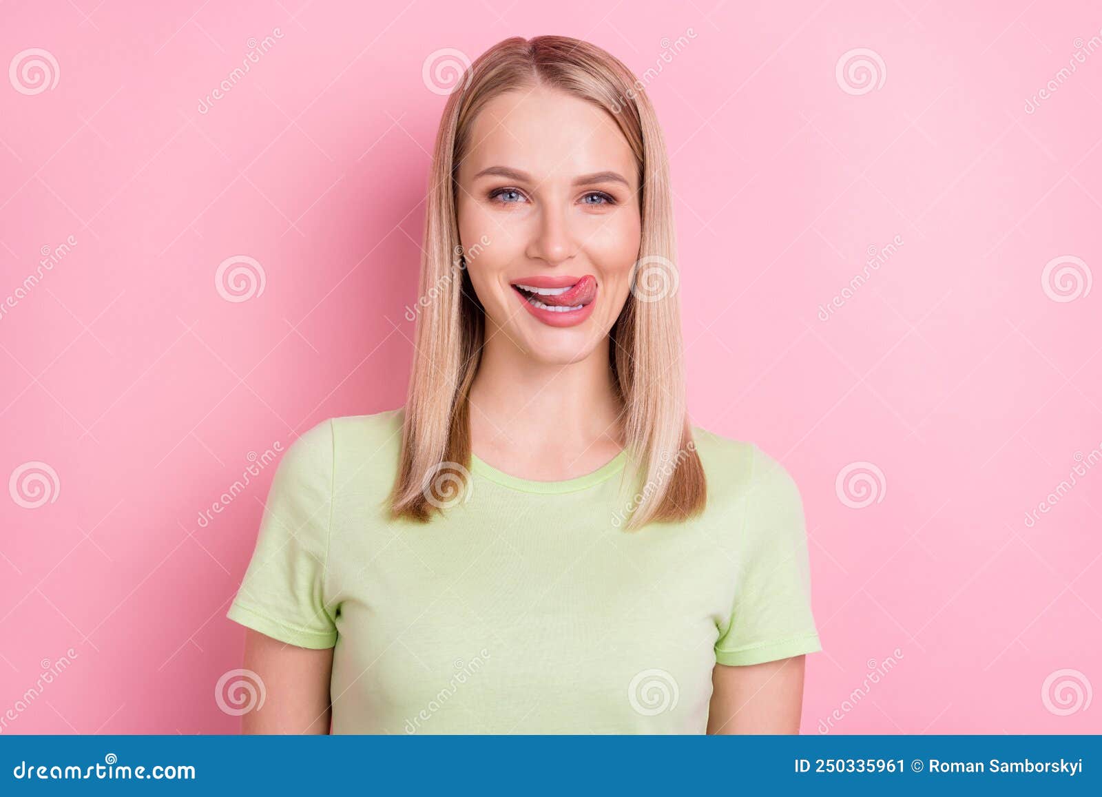 Photo Of Pretty Healthy Coquette Lady Protrude Tongue Lick Teeth Wear