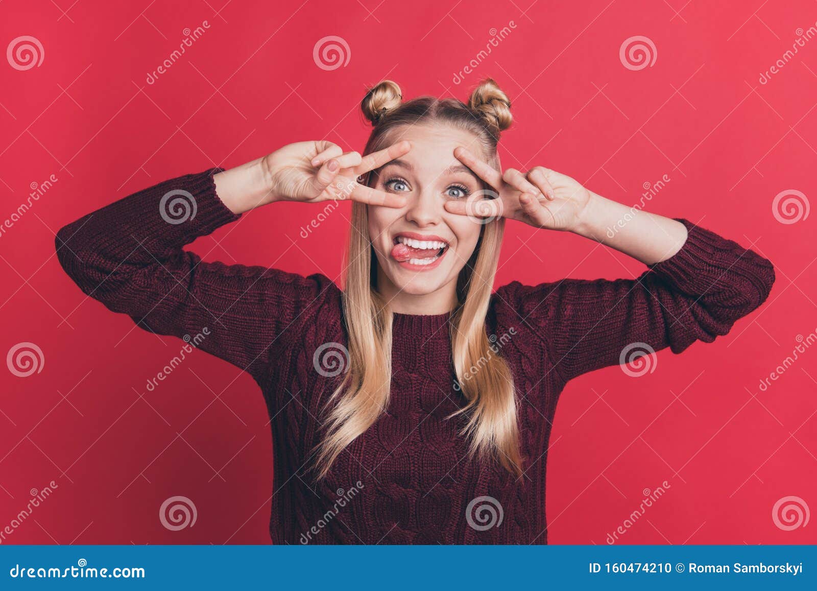 Photo Of Pretty Lady Showing V Sign Symbols Near Eyes Flirty Mood