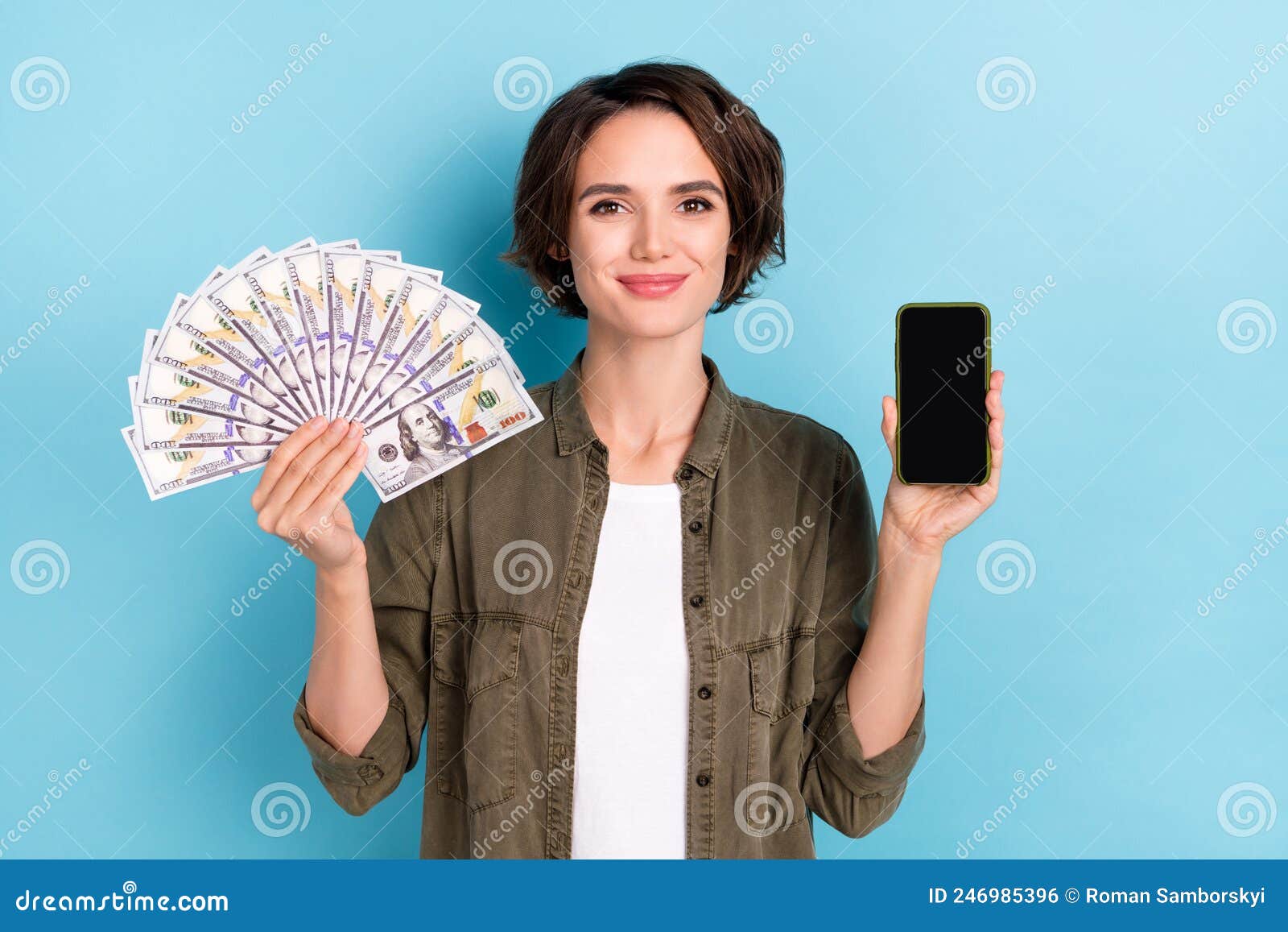 Photo Of Pretty Millennial Short Hairstyle Lady Hold Money Telephone