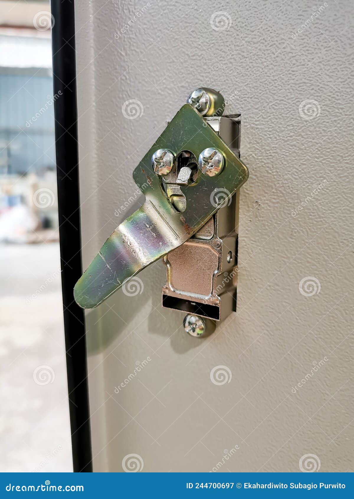 Photo of Push Lock without Key Red Button Mount on Electrical Cabinet ...