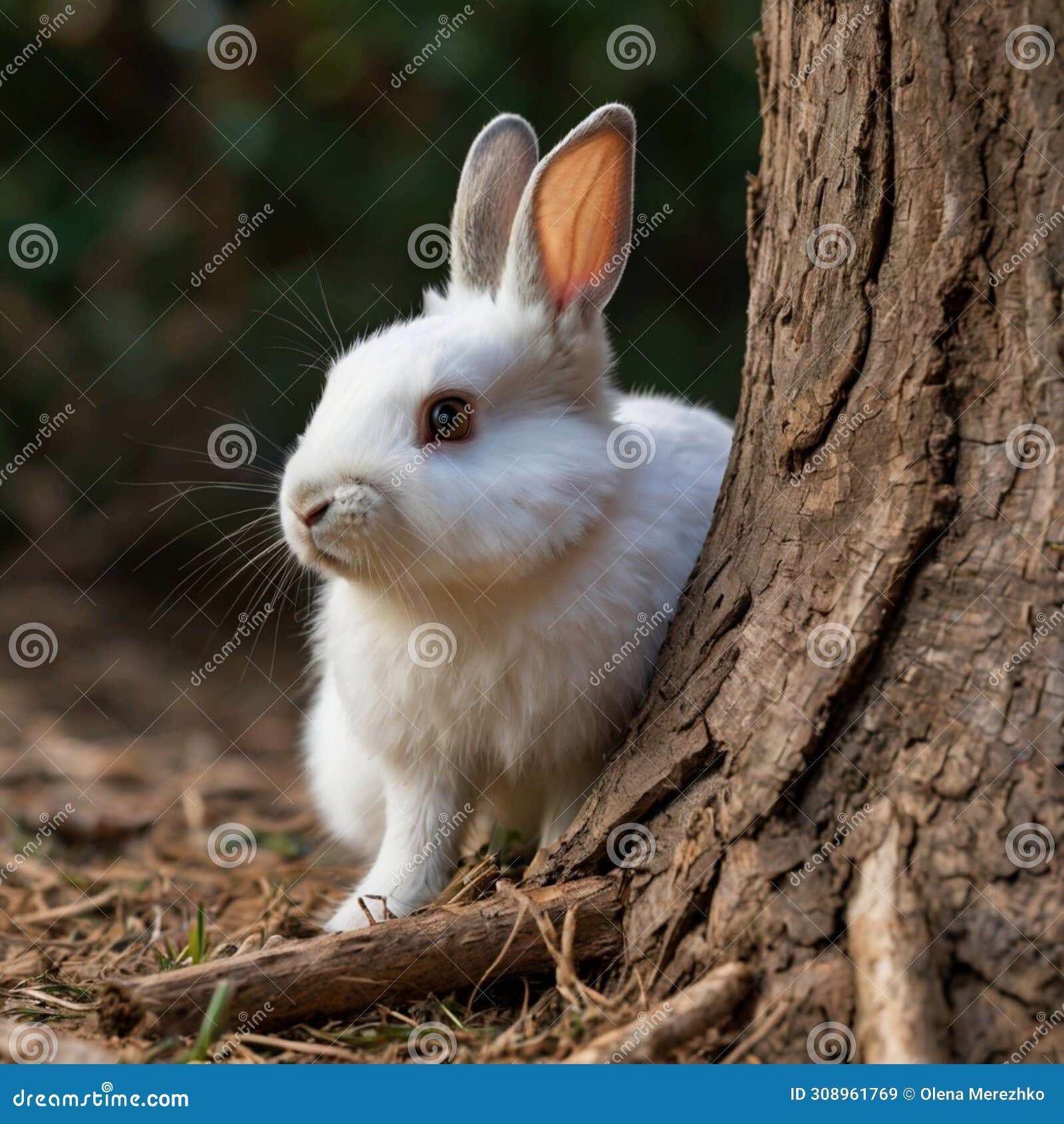 A Rabbit Gnawing on the Bark of a Tree in an Enclosure. Stock ...