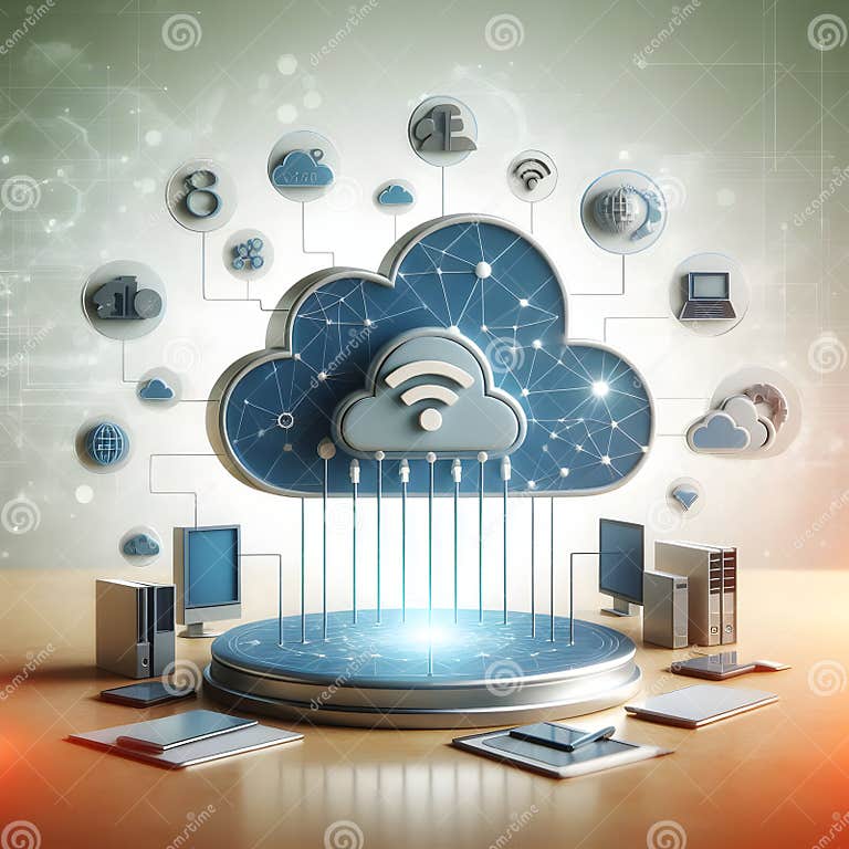 Photo Realistic As Cloud Computing and Remote Work Solutions with Connectivity Symbols Concept ...