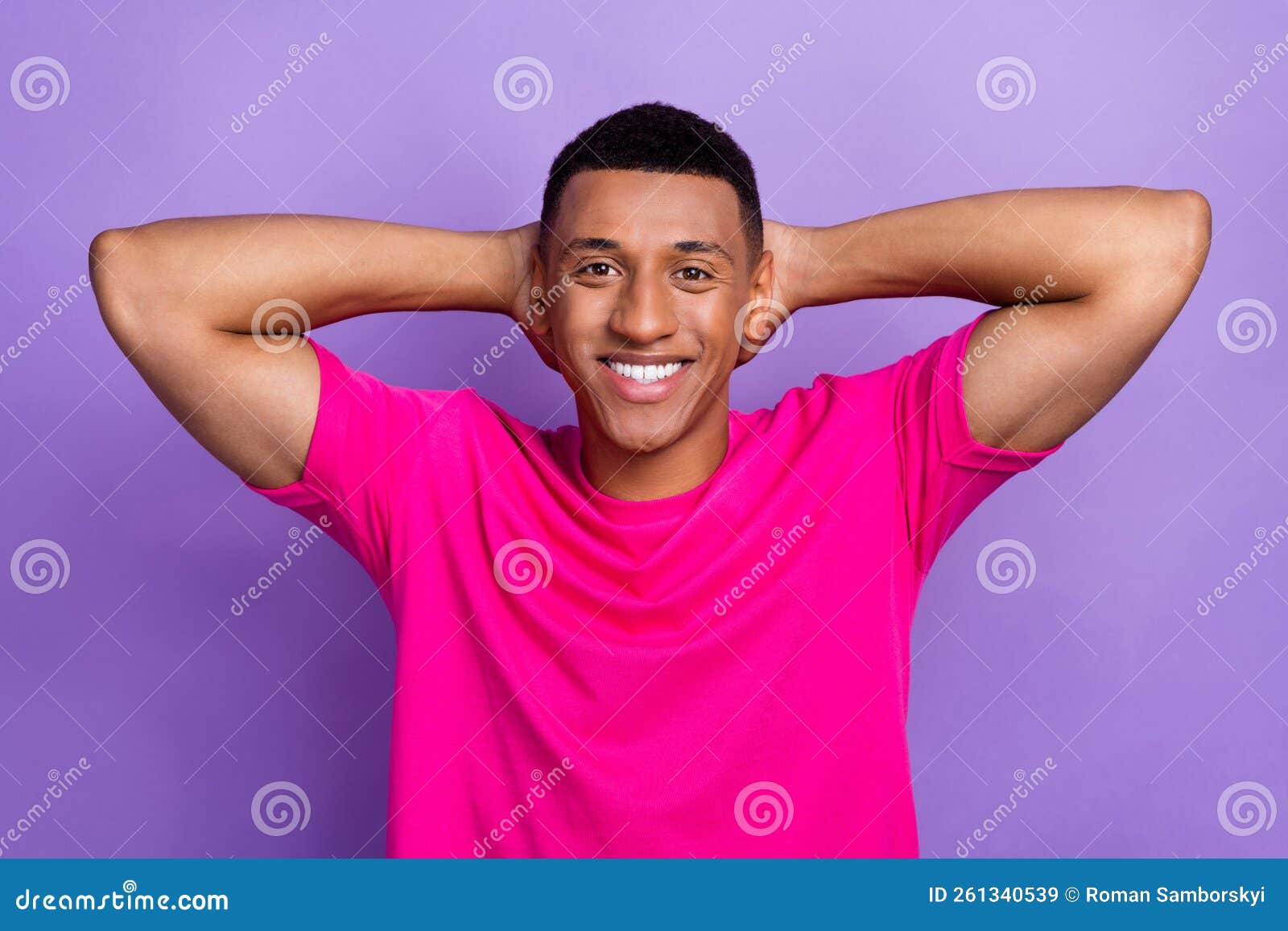 Photo Of Relaxed Positive Pleasant Guy Box Haircut Dressed Pink T Shirt