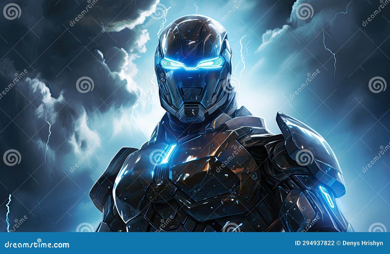 Photo of a Robot Standing in Front of a Dramatic Lightning Storm Stock ...