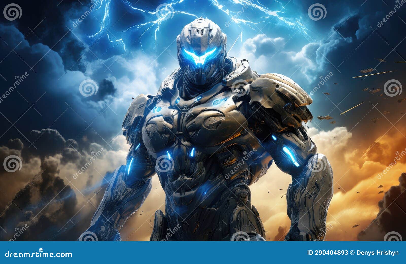 Photo of a Robot Standing in Front of a Dramatic Lightning Storm Stock ...