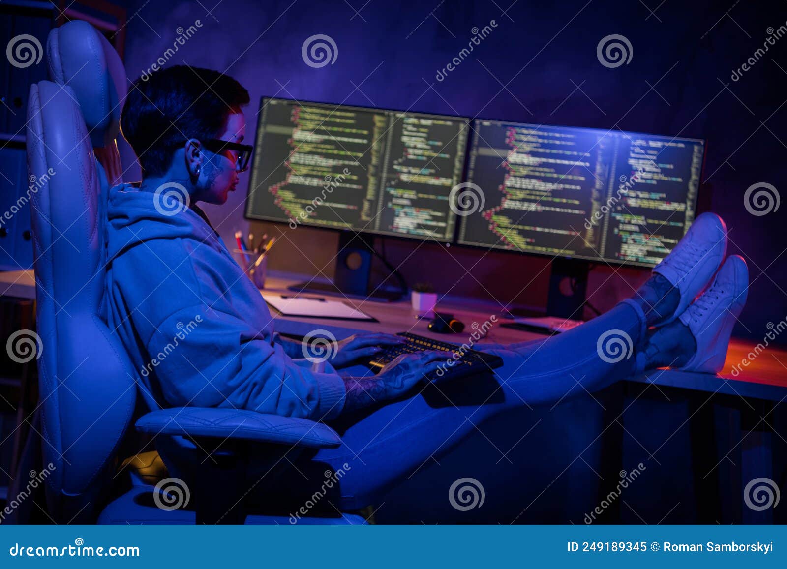 Photo of Serious Busy Programmer Wear Hoodie Piercing Glasses Wring ... Photo of Serious Busy Programmer Wear Hoodie Piercing Glasses Wring ...