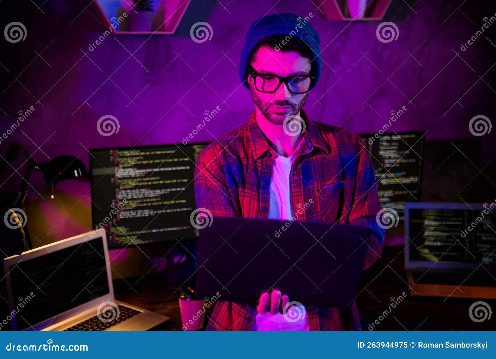 Photo of Serious Confident Coder Dressed Hat Eyewear Framework Modern ...