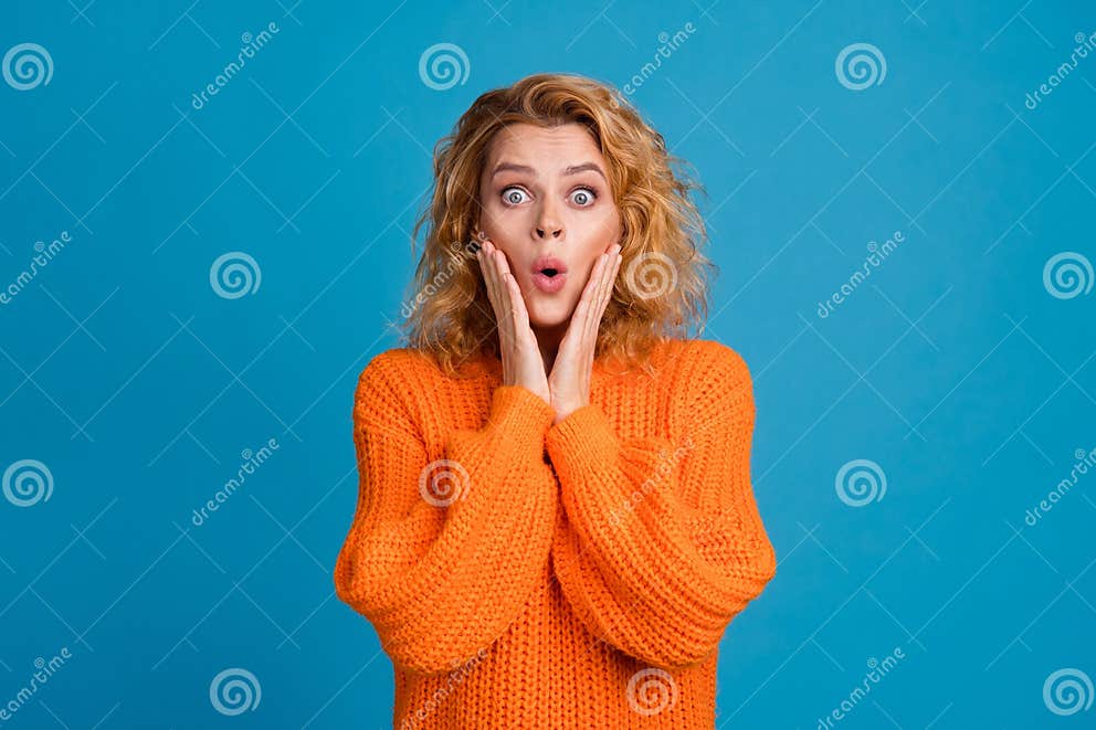 Photo Of Shocked Crazy Woman Wear Stylish Orange Clothes Arm Cheeks