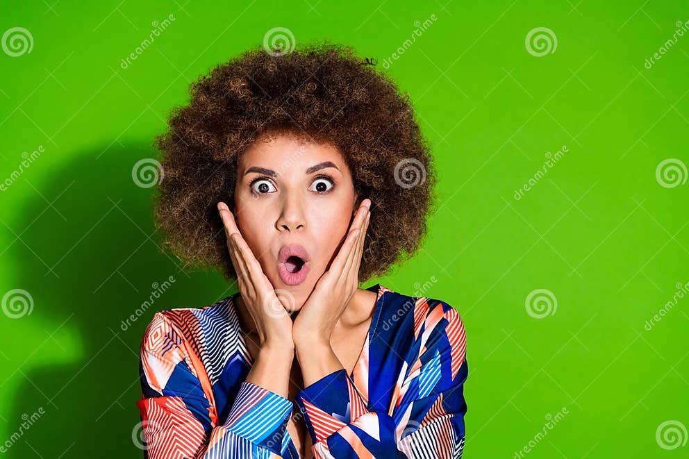 Photo Of Shocked Cute Woman Wear Trendy Clothes Arms Cheeks Open Mouth
