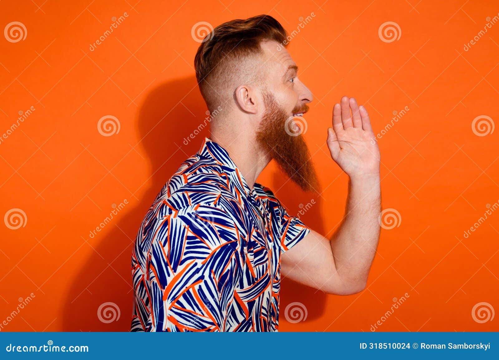 Photo Of Shocked Funky Guy Dressed Print Shirt Shouting Announcement