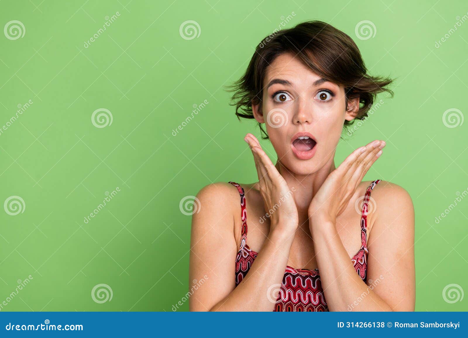 Photo Of Shocked Worried Nervous Cute Woman Wear Trendy Clothes Arm