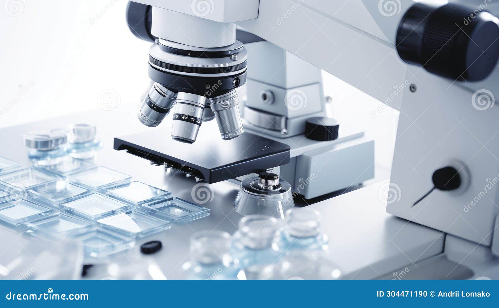 Microscope and Glass Bottles on Table, Tools for Scientific Observation ...