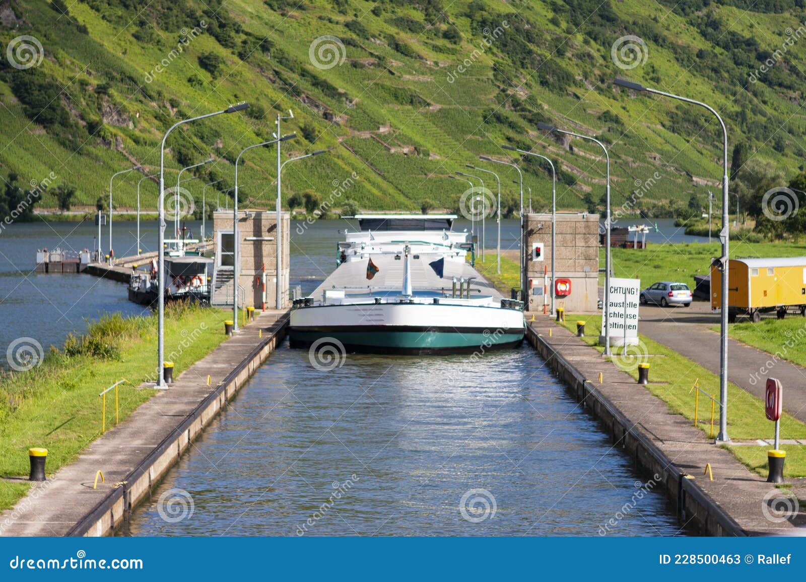 Cargo vessel in a lock stock image. Image of deck, view - 228500463