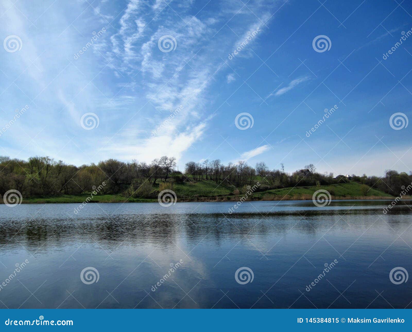 Lake, trees, grass and sky stock image. Image of pond - 145384815