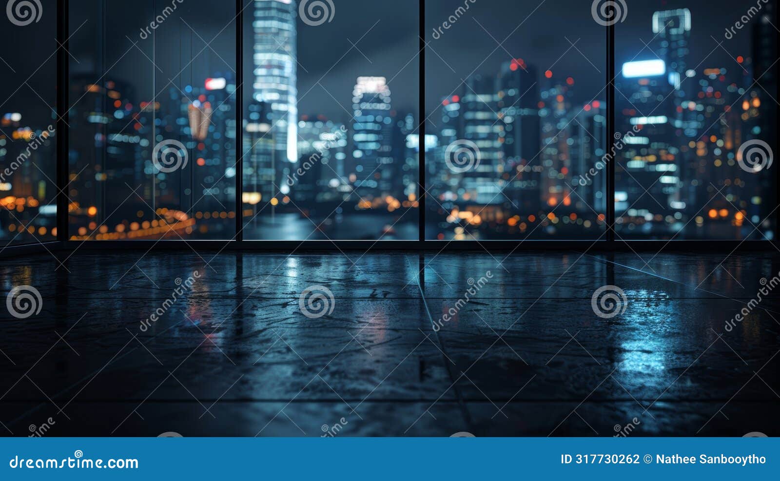 The Photo Shows a View of a Modern City at Night from the Inside of a ...