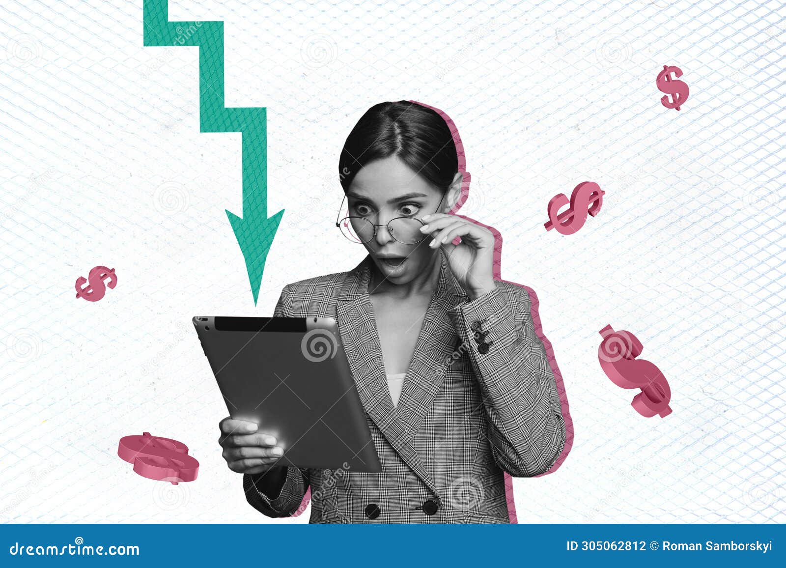 Photo Sketch Collage Picture of Impressed Lady Watching Cash Decrease Modern Device Isolated ...