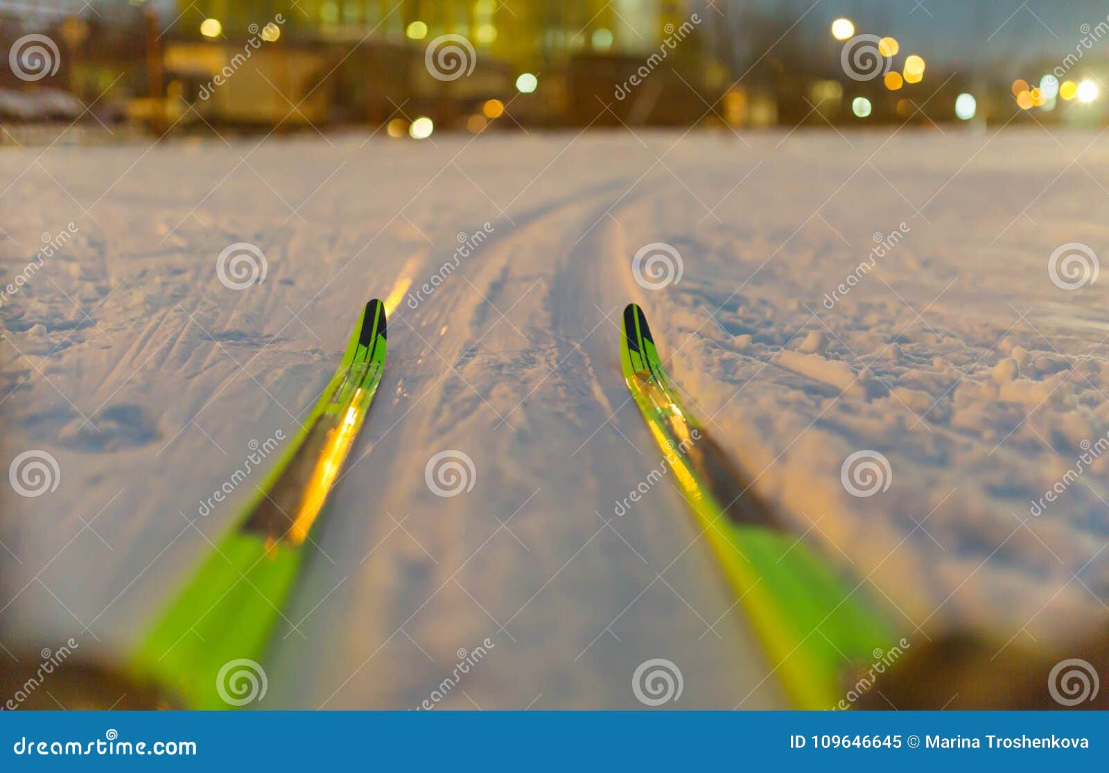 Photo of Skis on Background of Burning Lights Stock Image - Image of ...