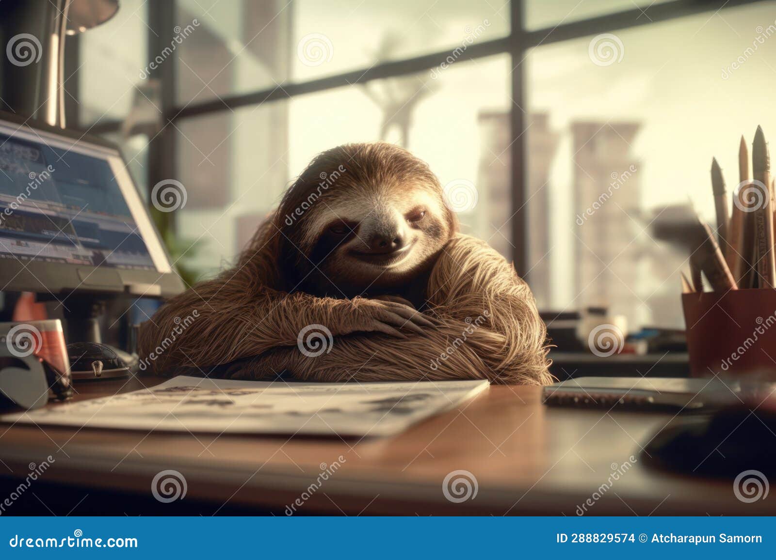 Photo Sloth Being Lazy in the Office Generative AI Stock Photo - Image ...
