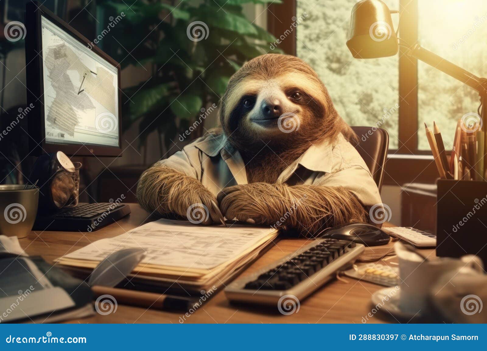Photo Sloth Being Lazy in the Office Generative AI Stock Image - Image ...