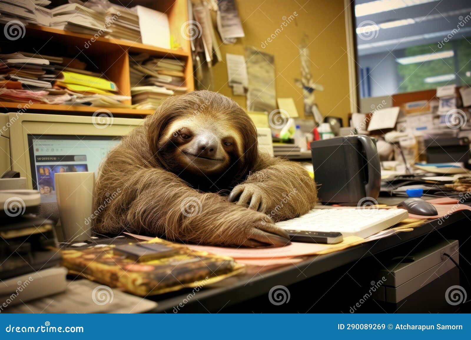 Photo Sloth Being Lazy in the Office Generative AI Stock Image - Image ...