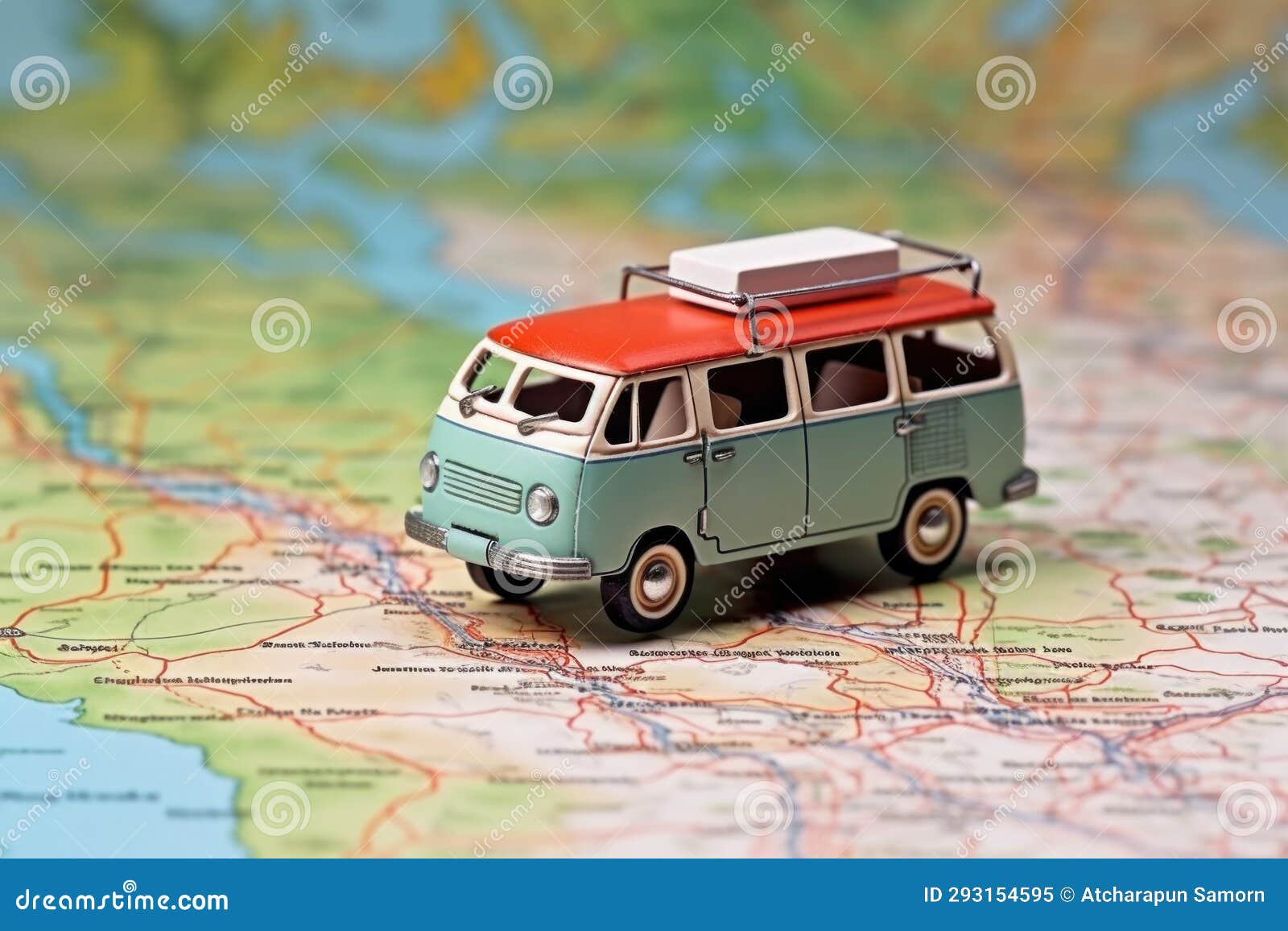 Photo of Small Van Car Model on the Map Paper Stock Illustration ...